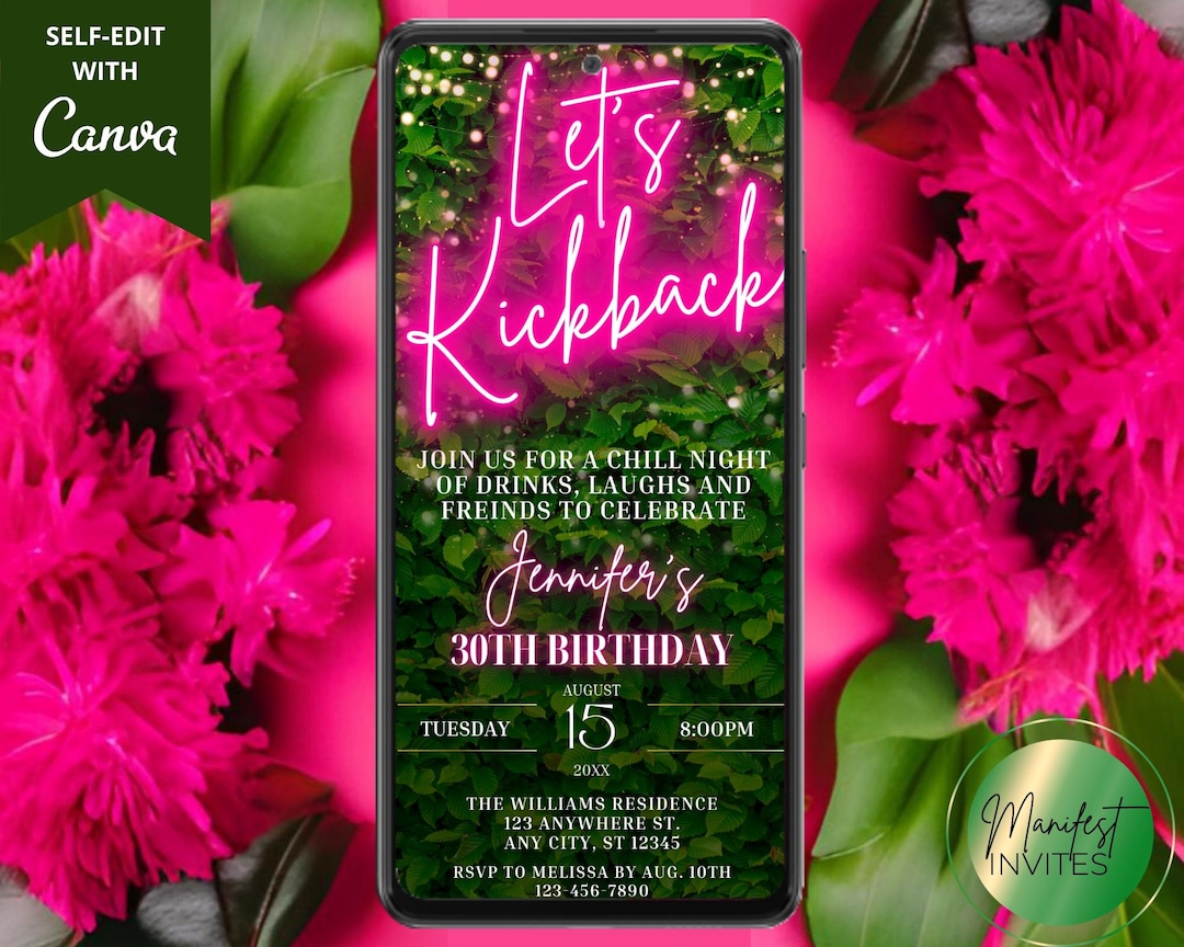 Digital Let's Kickback Pink Neon Greenery Birthday Party Invitation ...