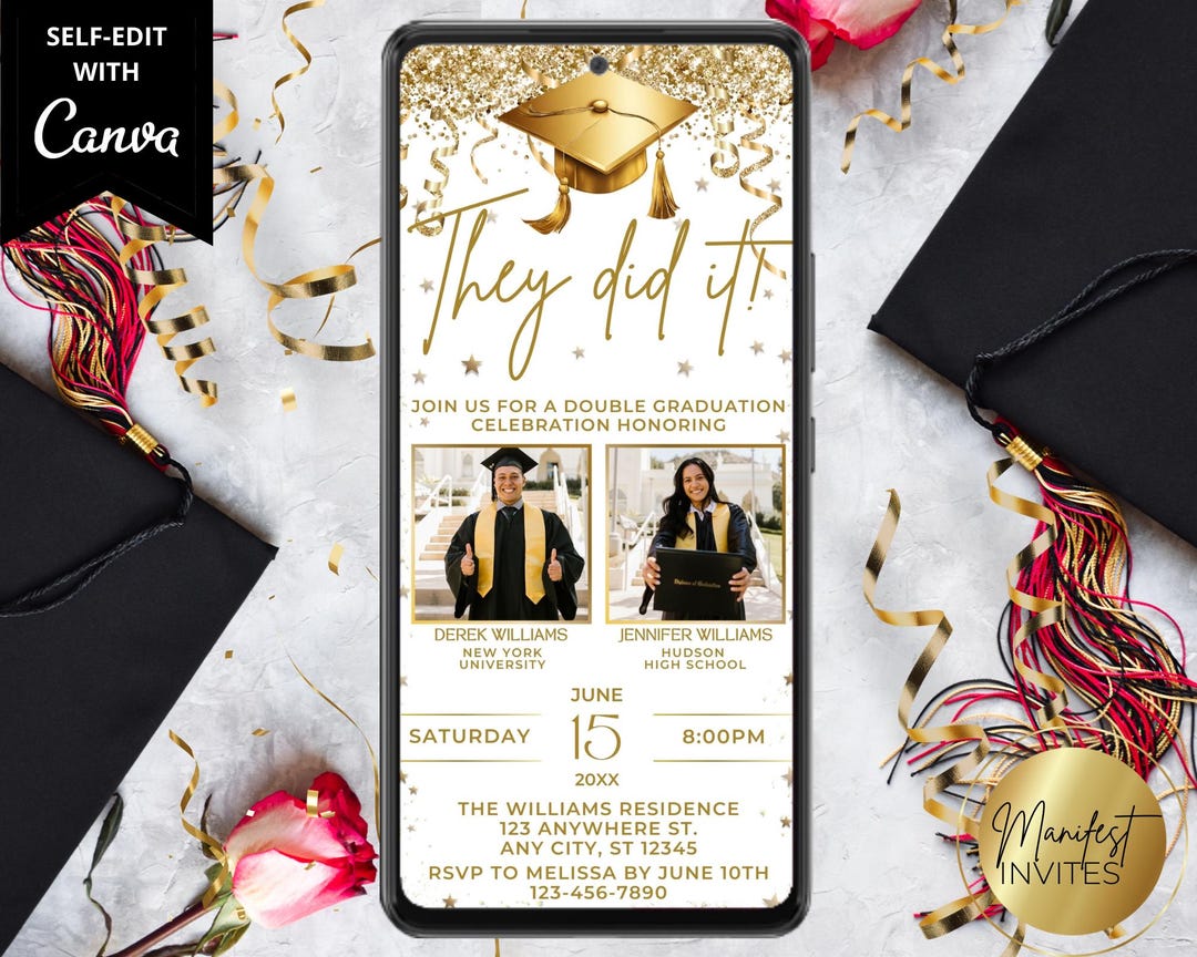 Digital Double Graduation Party They Did It White Gold Photo Invitation ...