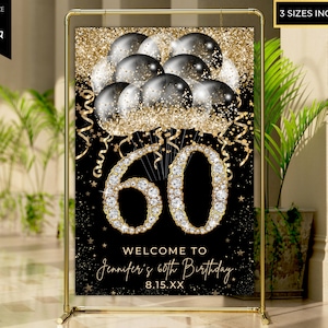 Printable 60th Black Gold Diamonds Glitter Balloons Welcome Sign ...