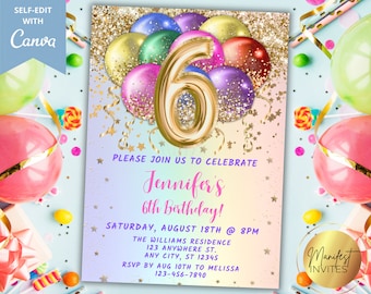 Editable Colourful 6th Birthday Party Invitation Download Printable ...