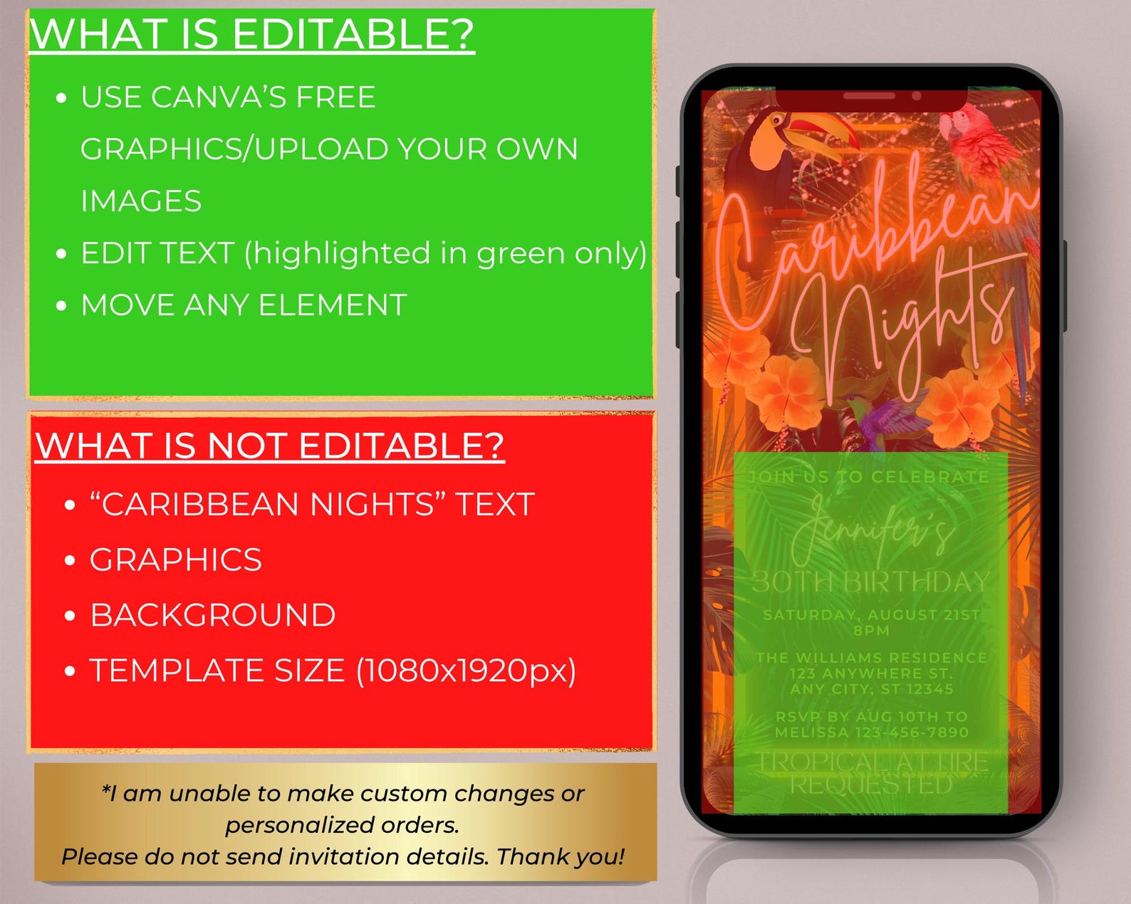 Digital Caribbean Tropical Neon Birthday Party Invitation, Summer ...