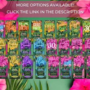 Digital Caribbean Tropical Neon Birthday Party Invitation, Summer ...