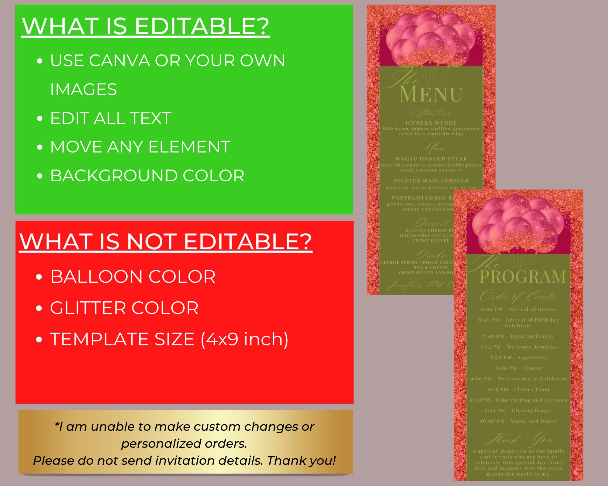 Editable Glam Purple Gold Glitter Balloons Menu Program and Thank You ...