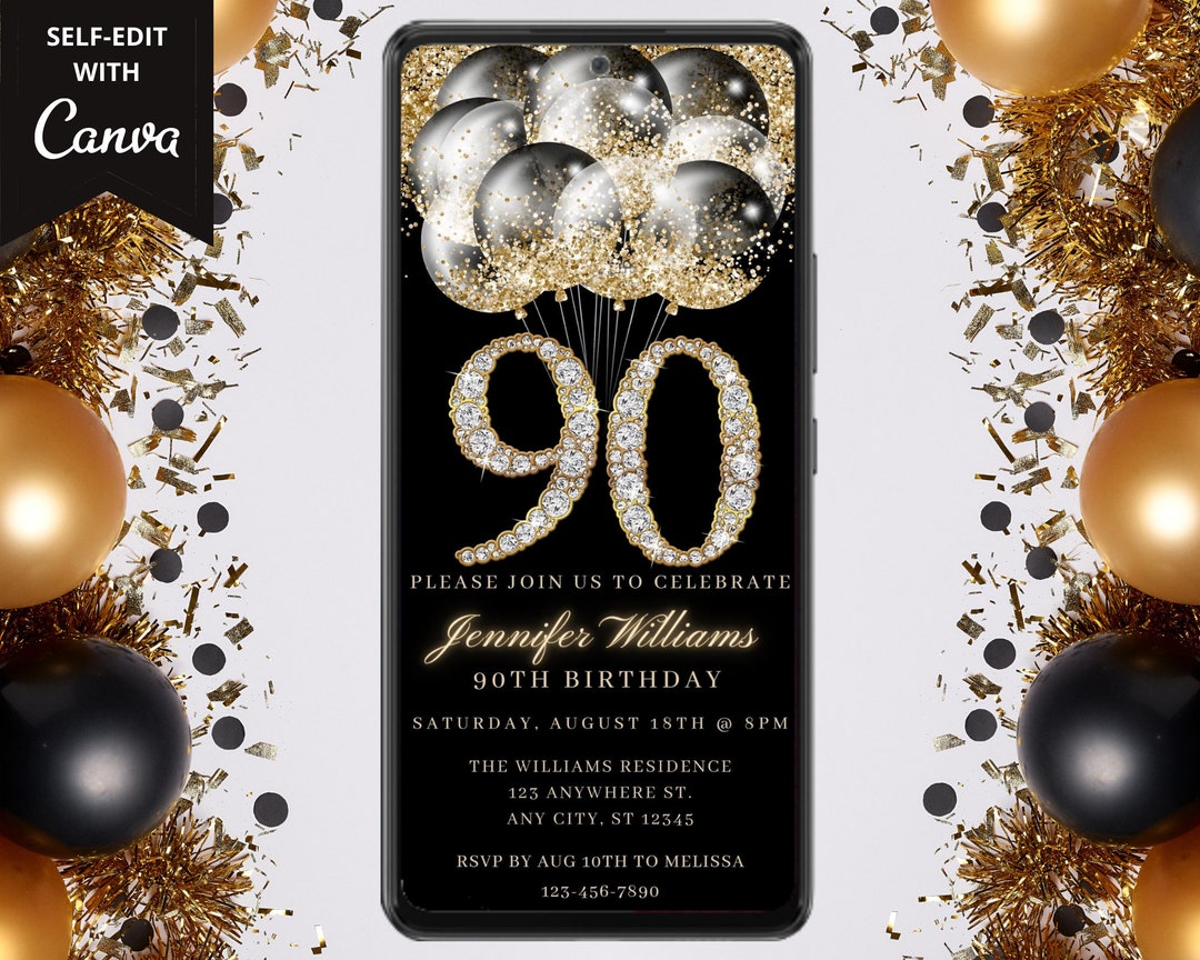 Digital 90th Birthday Party Invitation, Electronic Text Message Evite ...