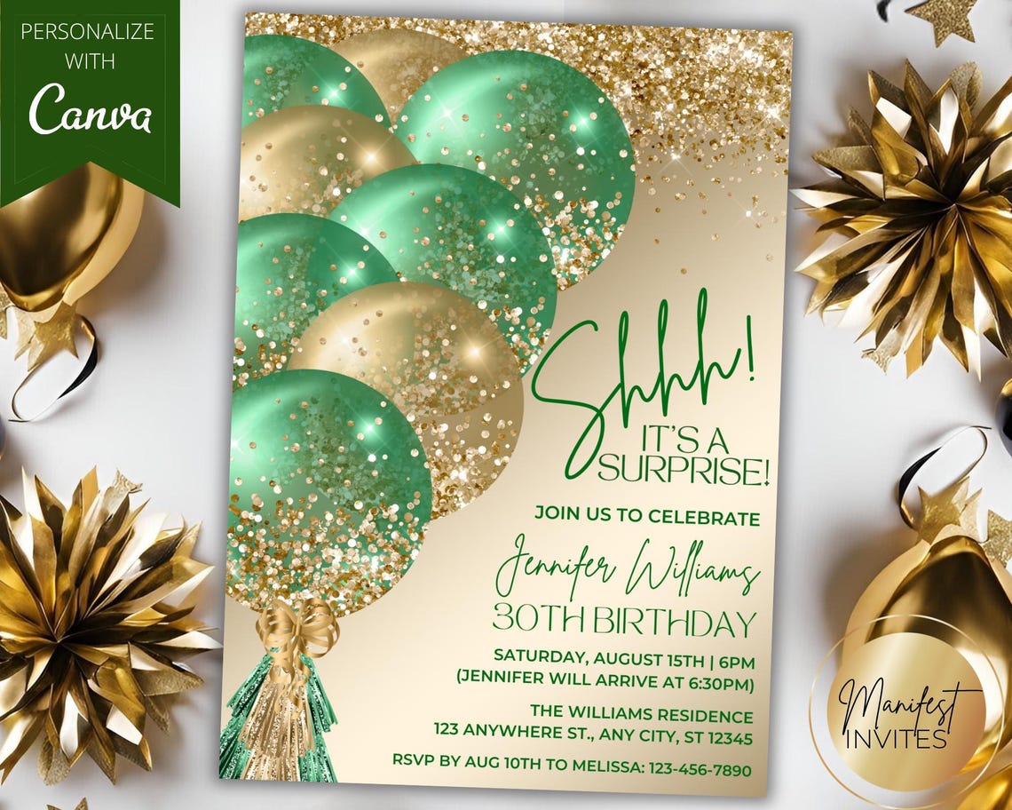 Editable Shhh It's a Surprise Birthday Party Invitation, Glam Green ...