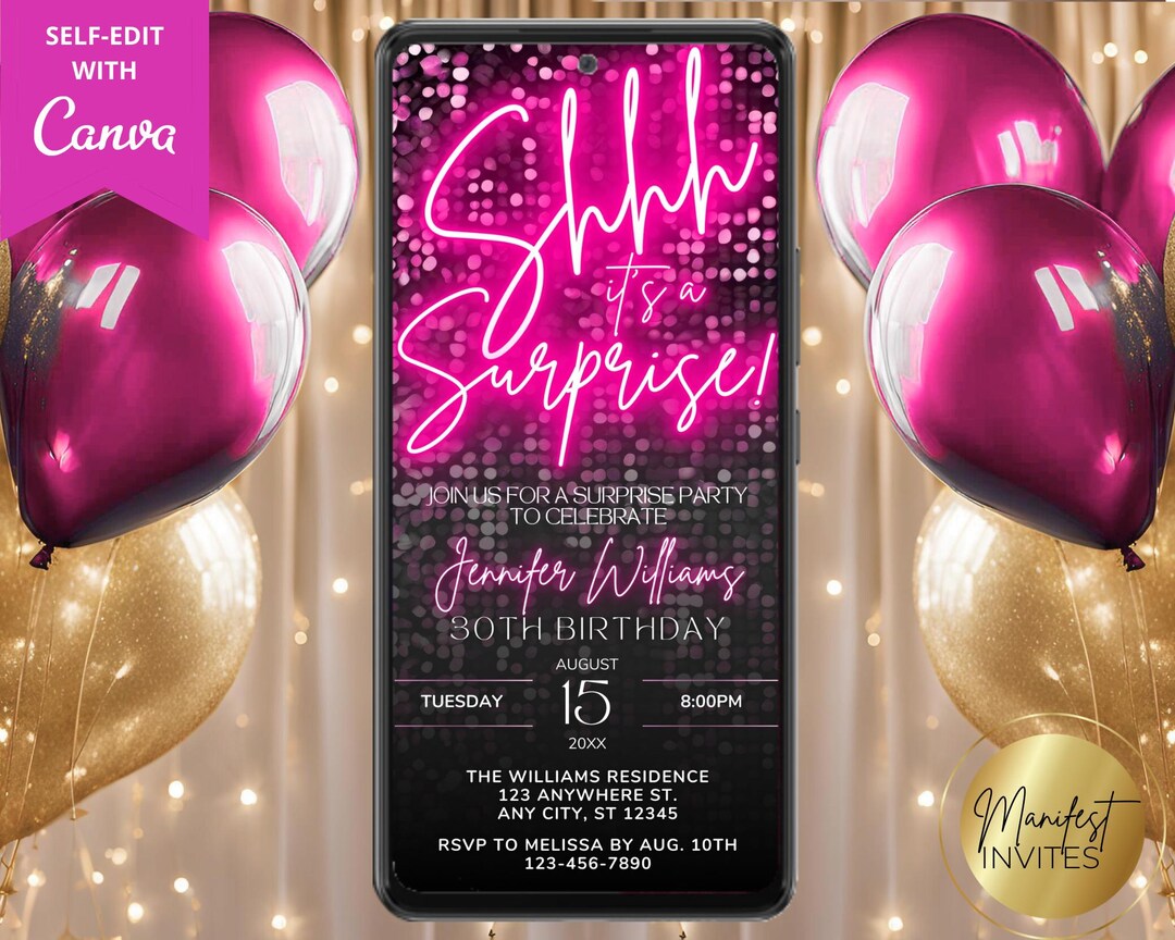 Digital Shhh It's a Surprise Hot Pink Neon Birthday Party Invitation ...