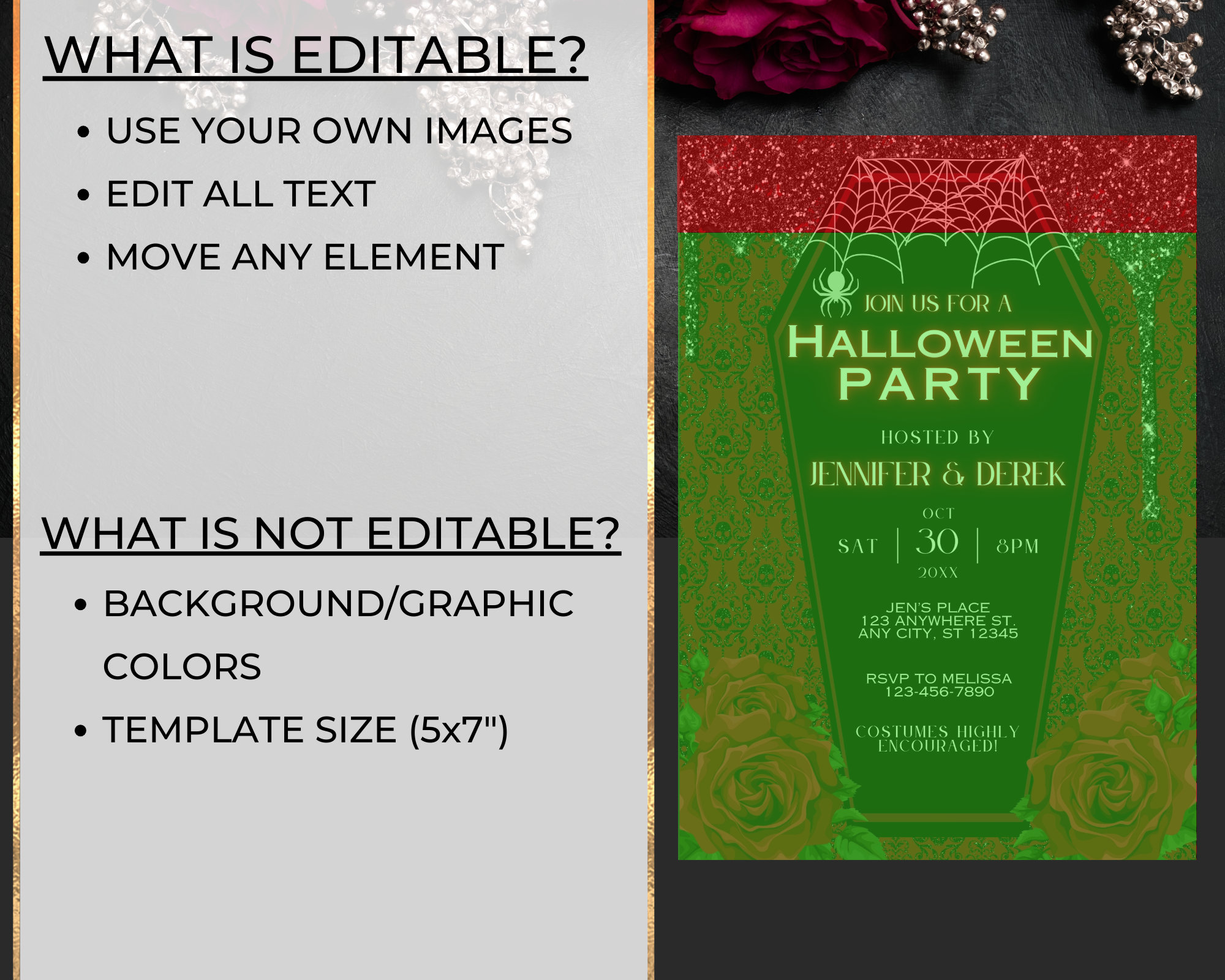 Editable Adult Gothic Floral Coffin Halloween Party Invitation Template ...