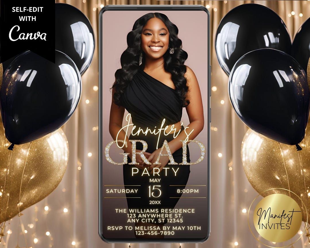 Digital Graduation Party Photo Template Gold Diamonds Glam Invitation ...