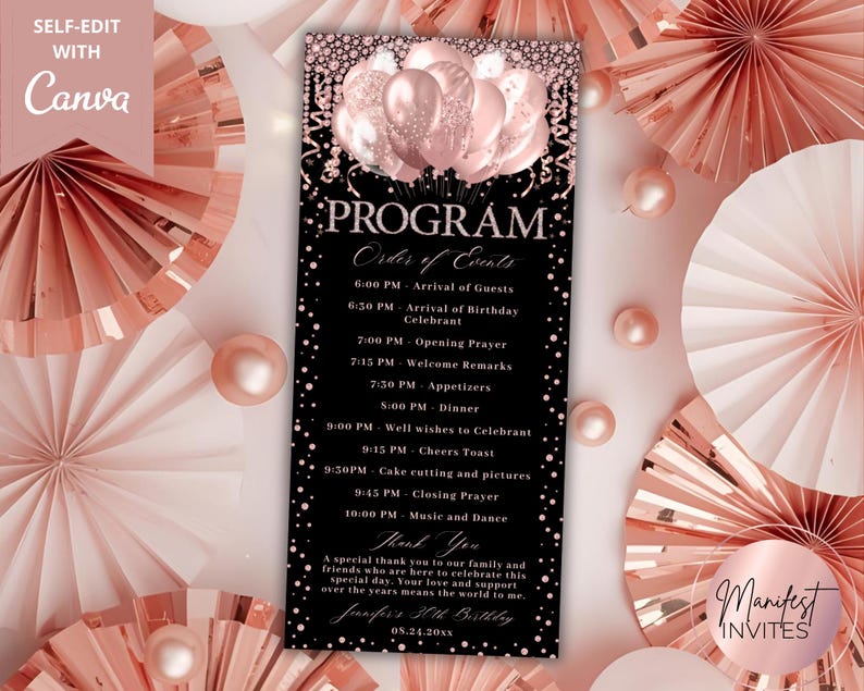 Editable Glam Pink Rose Gold Glitter Balloons Diamond Program and Thank ...