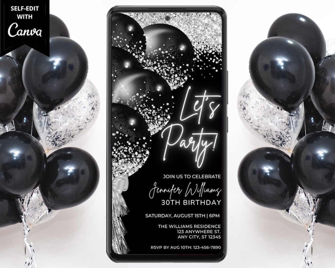 Digital Black Silver Balloons Birthday Party Invitation, Electronic ...