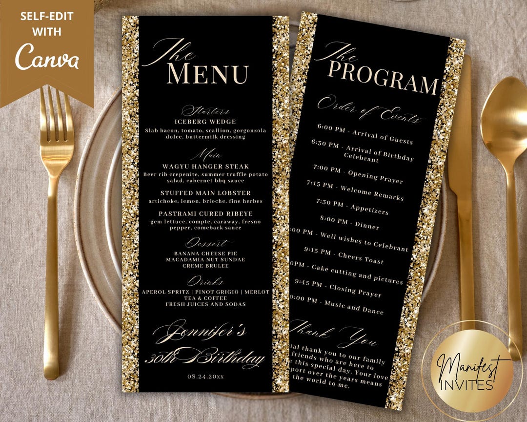 Editable Elegant Black Gold Glitter Birthday Menu and Program Card ...