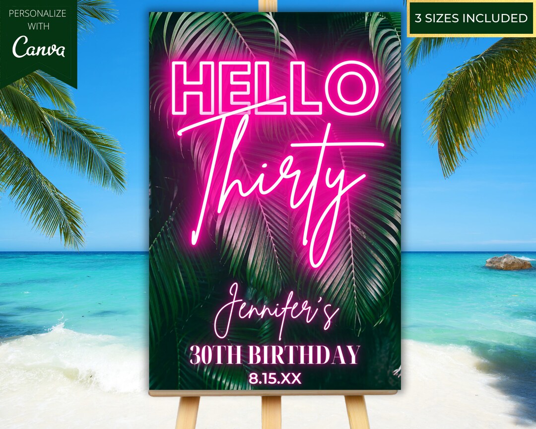 Editable Tropical Hello Thirty 30th Birthday Welcome Sign, Printable ...