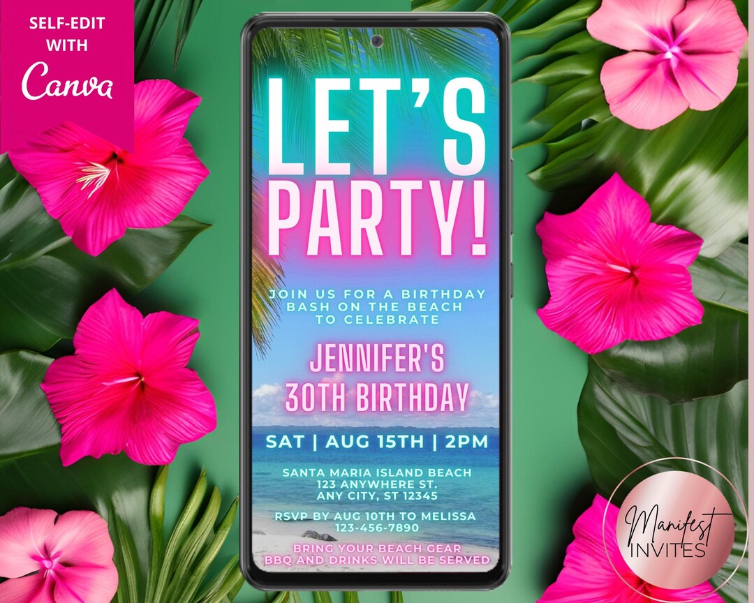 Digital Let's Party Tropical Beach Luau BBQ Pink Teal Birthday Party ...
