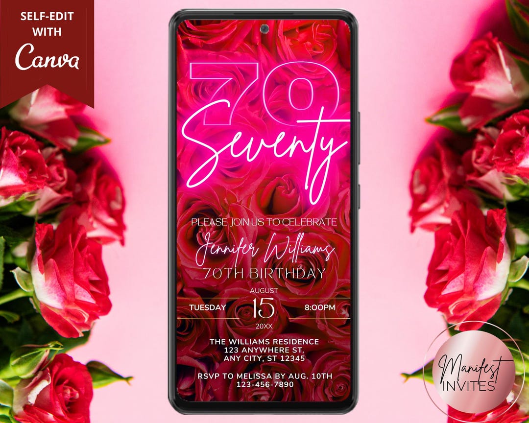 Digital 70th Birthday Pink Neon Red Floral Roses Party Invitation, for ...