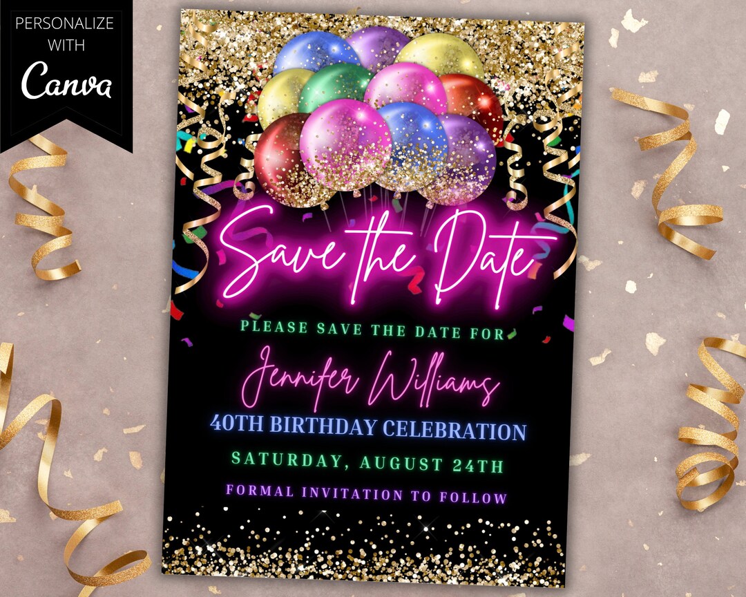 Editable Rainbow Gold Glitter Balloons Save the Date Party Invitation ...