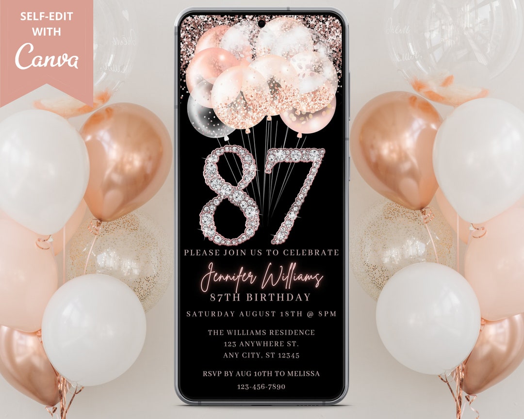 87th Birthday Digital Invitation, Electronic Birthday Party Invite ...