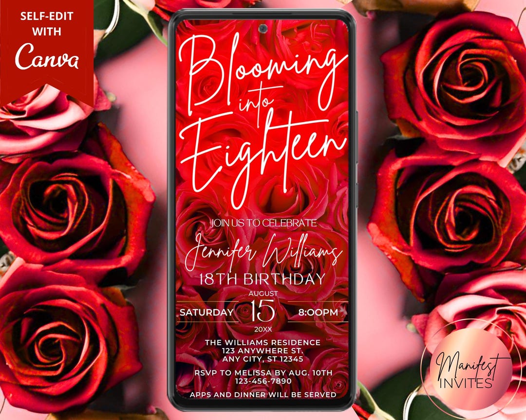 Digital Blooming Into Eighteen 18th Birthday Party Invitation, Glam ...