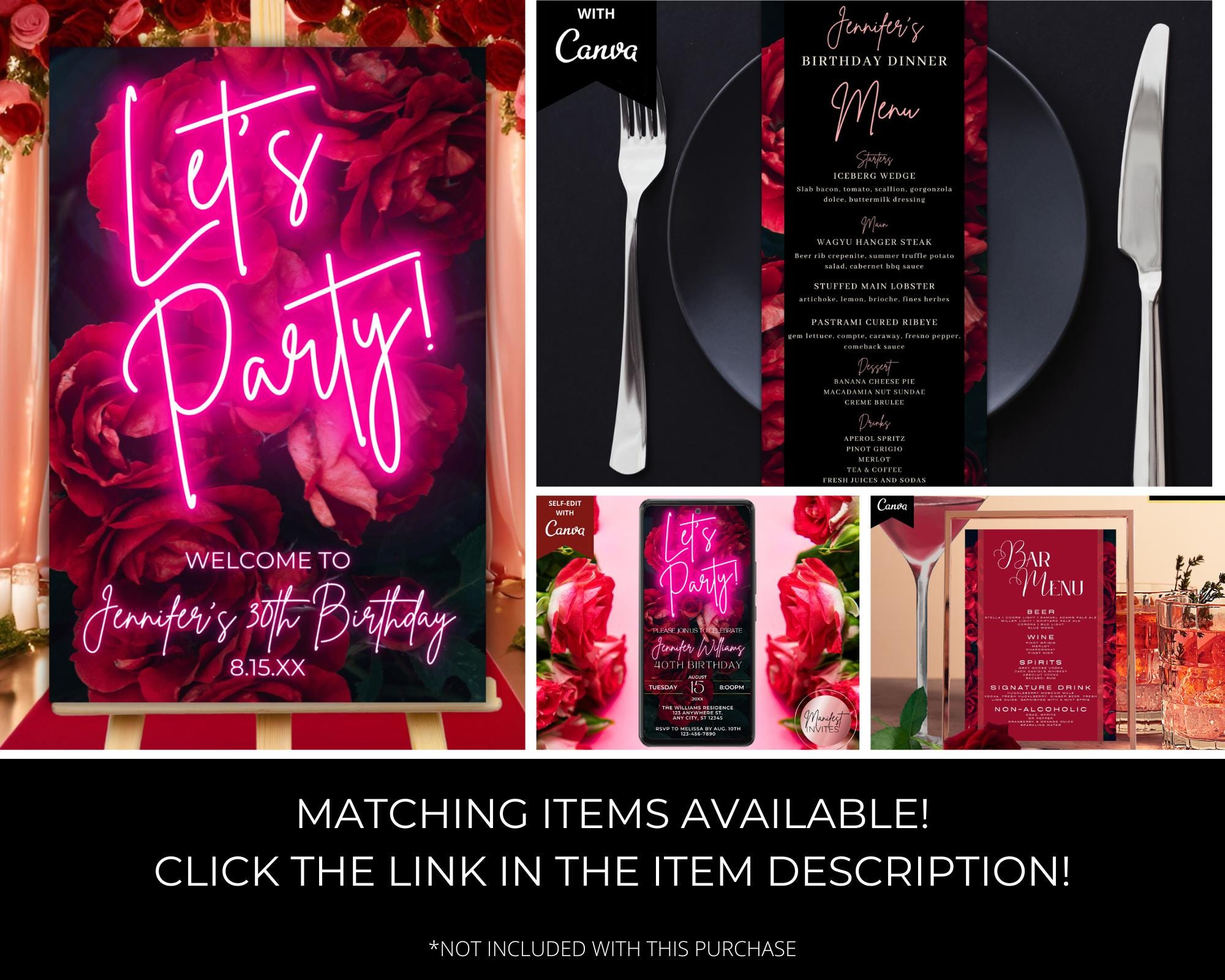 Editable Elegant Red Floral Roses Birthday Dinner Menu and Drink Card ...