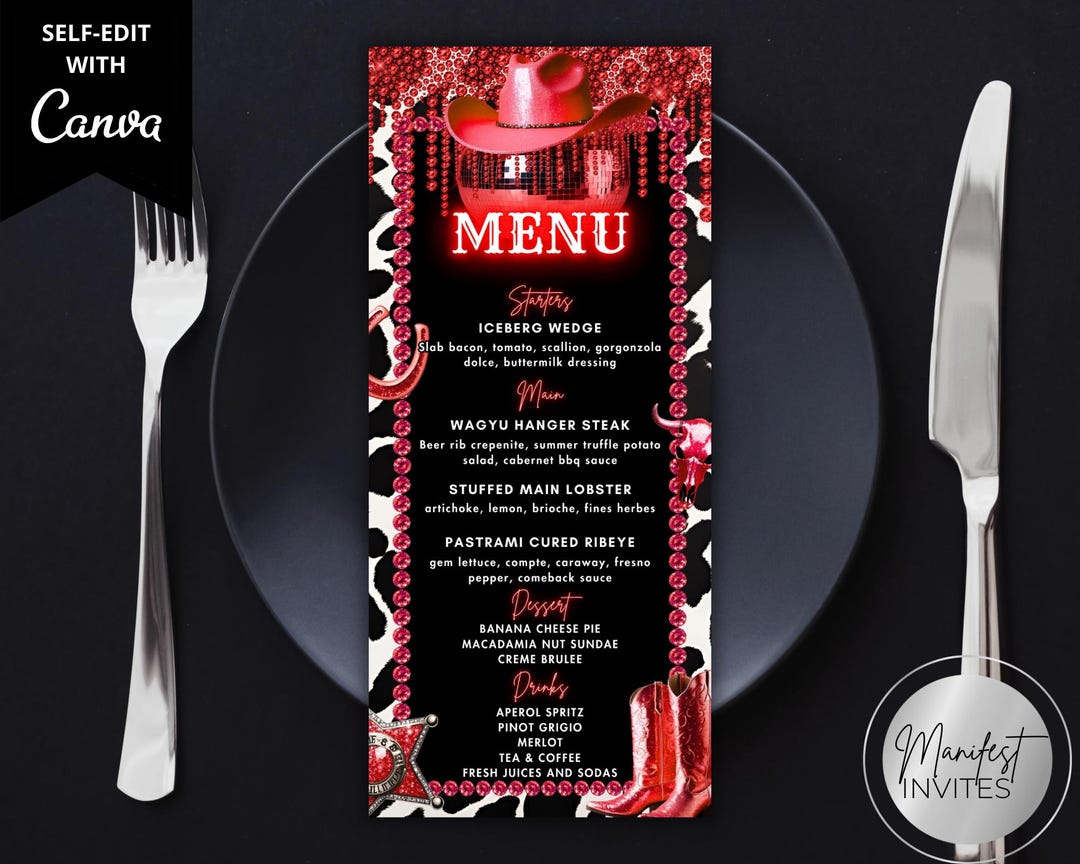 Editable Red Disco Cowgirl Birthday Hoedown Dinner Menu Card Template ...