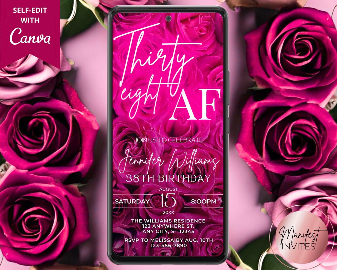 Digital 38th Birthday Party Hot Pink Floral Roses Invitation, Women's ...