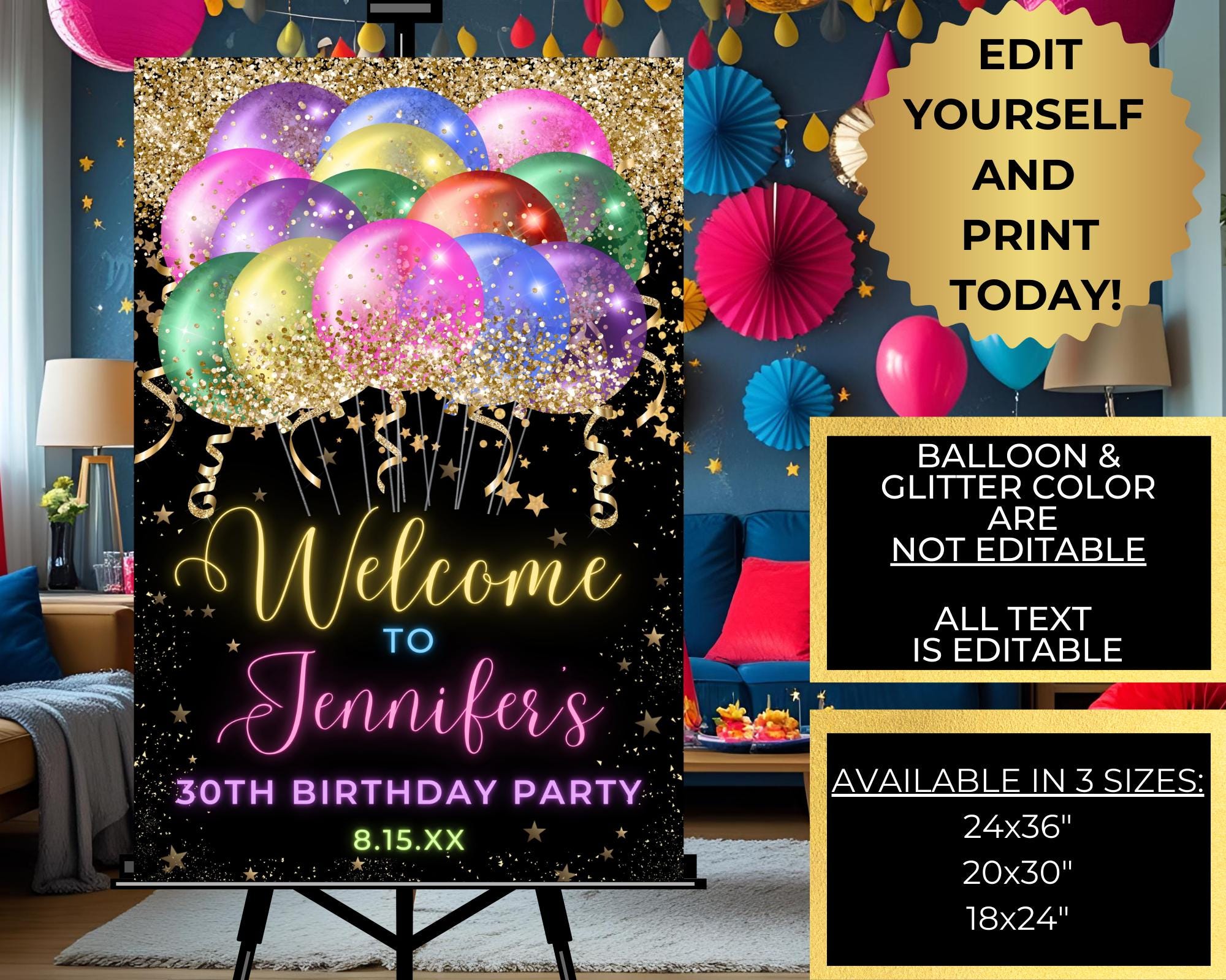 Editable Glam Rainbow Gold Glitter Balloons Neon Birthday Party Welcome ...