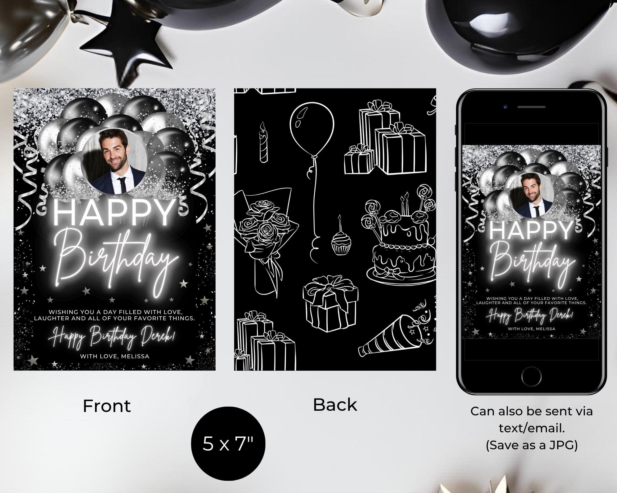 Editable Glam Photo Happy Birthday Greeting Card, Neon Black Silver ...