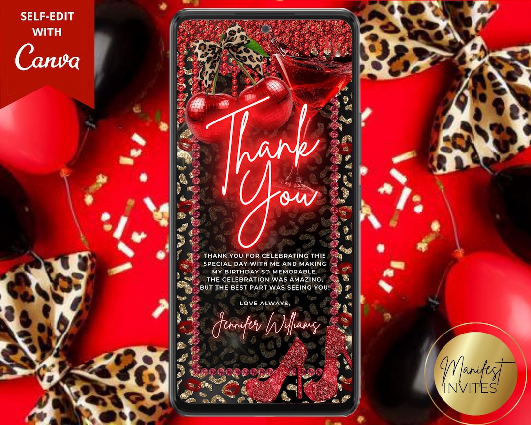 Digital Glam Cheetah Cherry Thank You Card, Glam Women's Birthday Party ...