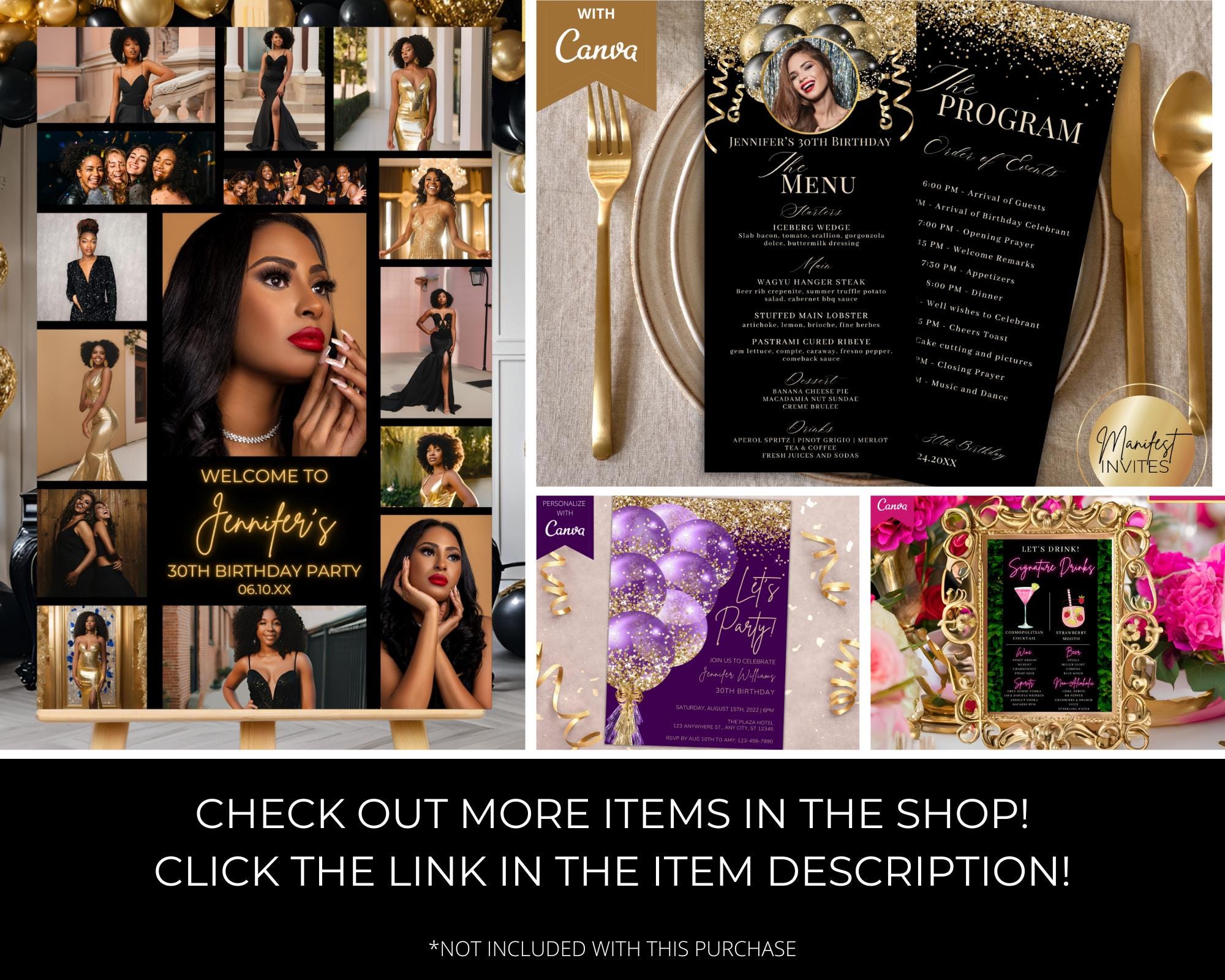 Editable Glam Black Gold Glitter Balloons Diamond Menu Program and ...