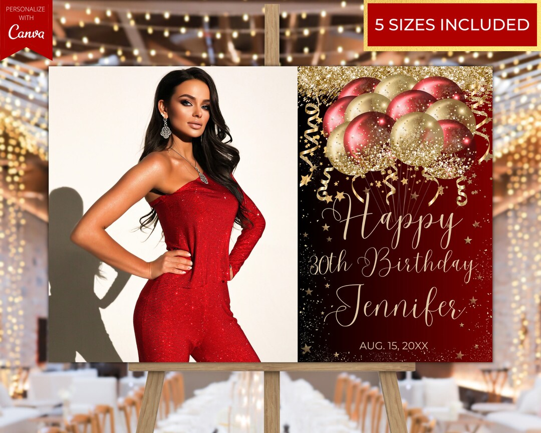 Editable Photo Template Red Gold Balloons Happy Birthday Welcome Sign ...