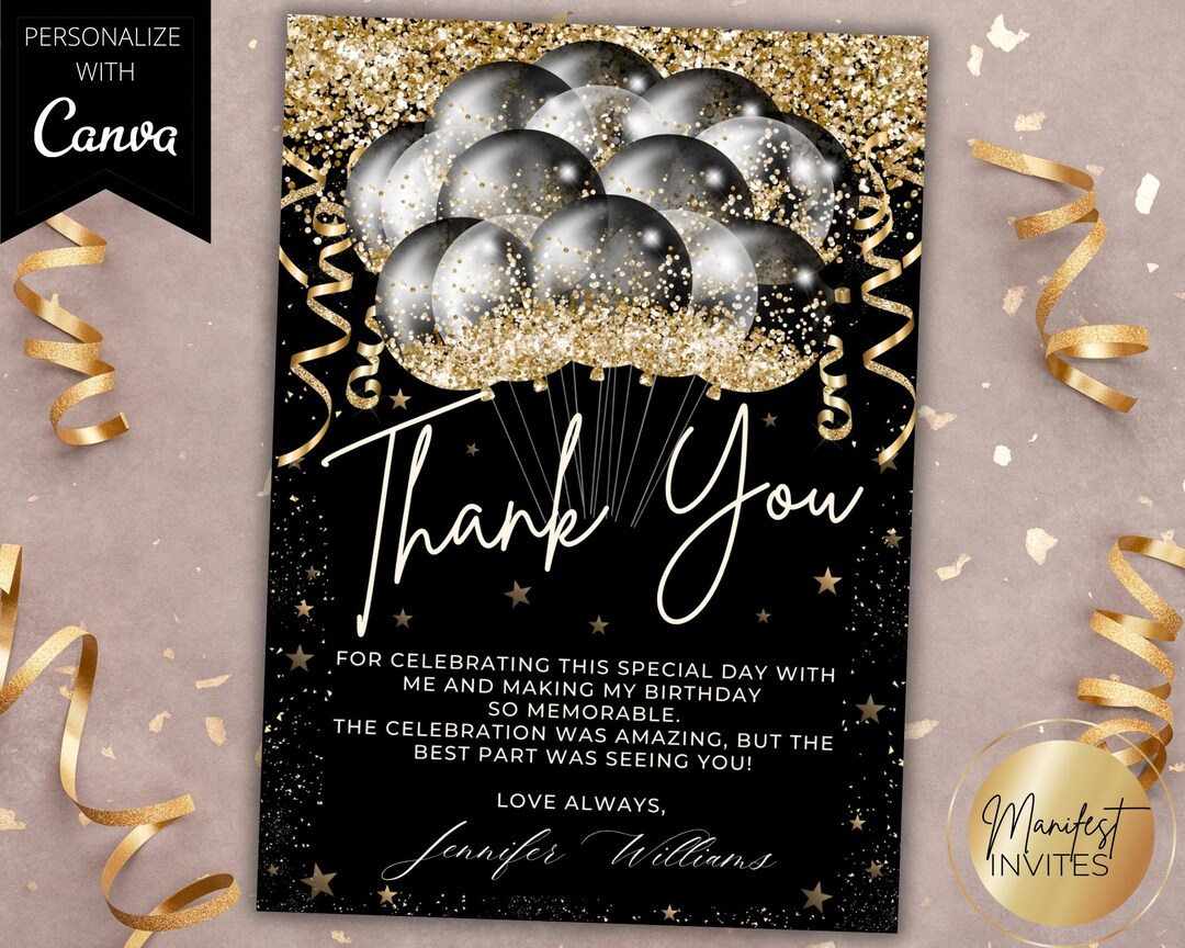Editable Elegant Black Gold Balloons Glam Thank You Card, Printable ...