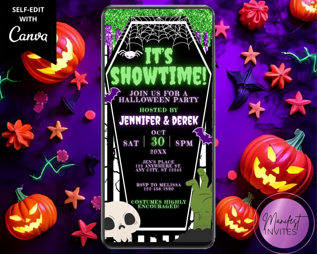 Digital It's Showtime Neon Purple Green Halloween Party Invitation ...