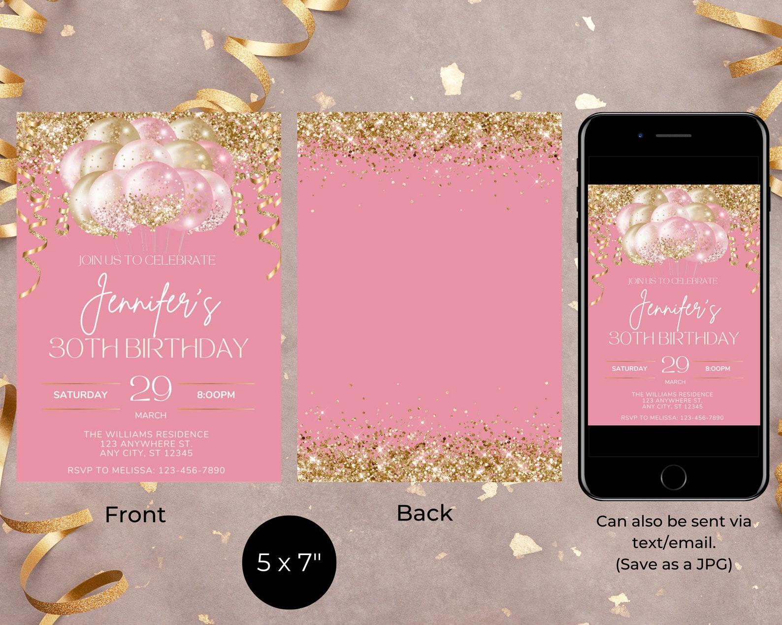 Editable Pink Gold Glitter Balloons Birthday Party Invitation ...