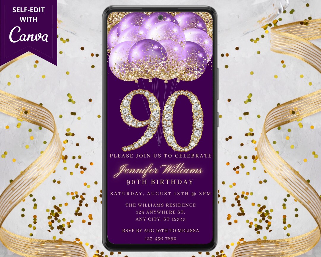 Digital 90th Birthday Party Purple Gold Invitation Electronic - Etsy