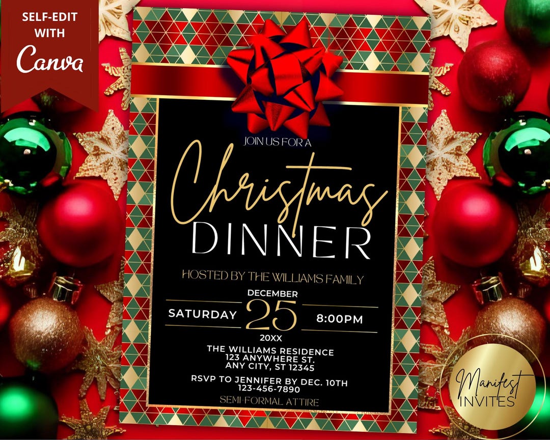 Editable Festive Winter Christmas Dinner Party Invitation, Xmas Holiday ...