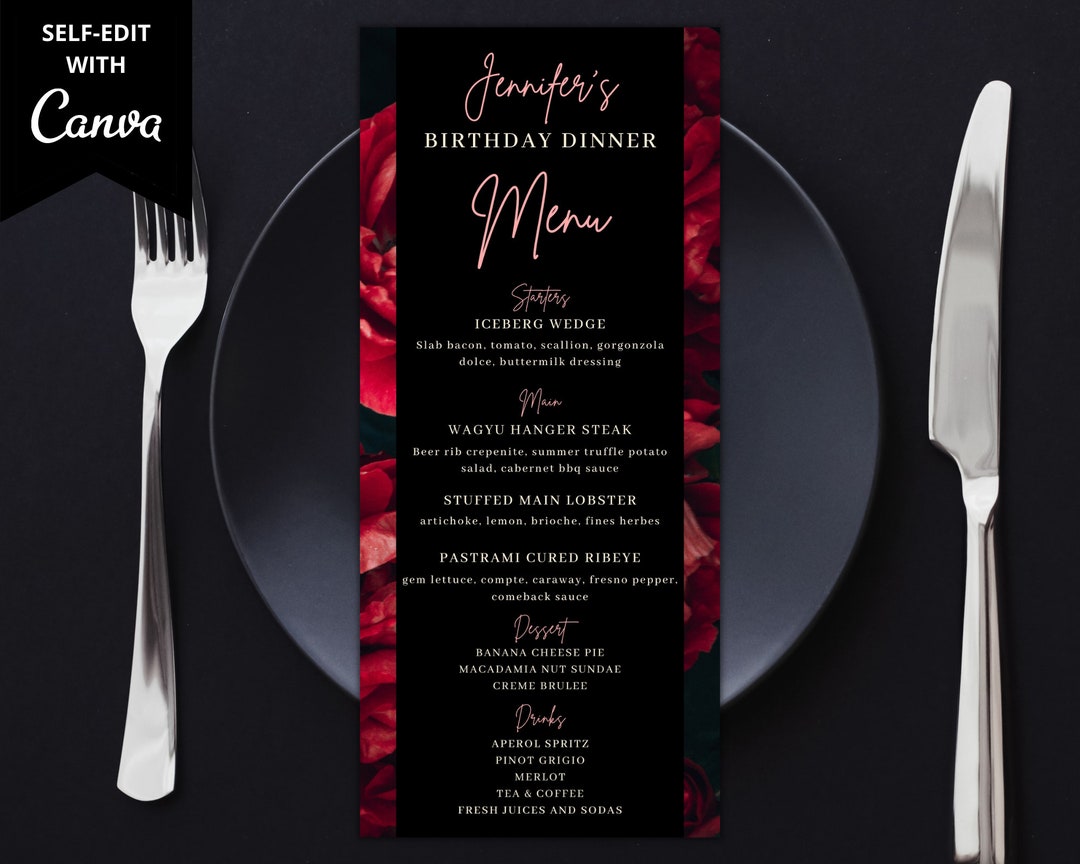 Editable Birthday Dinner Menu Card Template, Printable Birthday Dinner ...