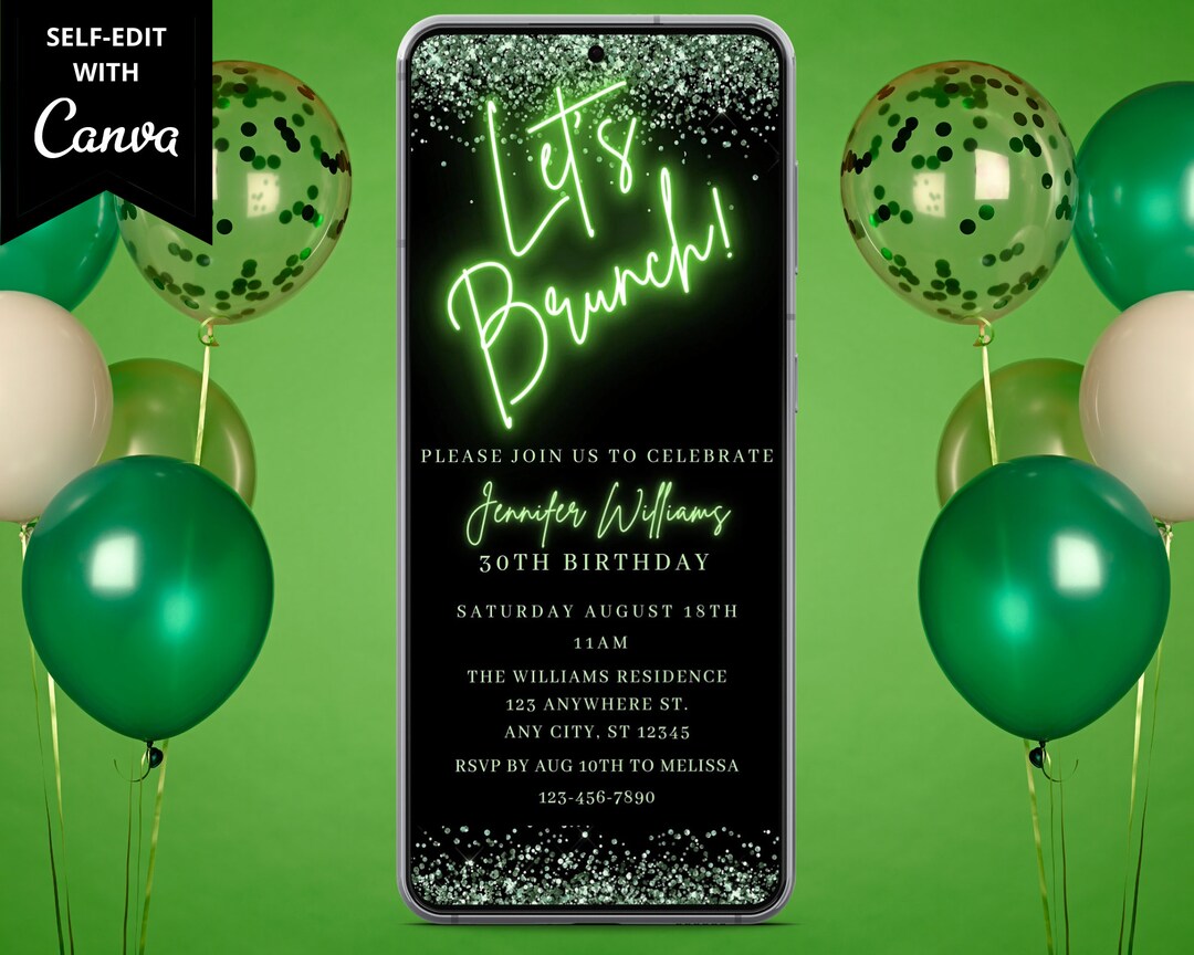 Digital Green Neon Birthday Brunch Invitation, Electronic Birthday ...