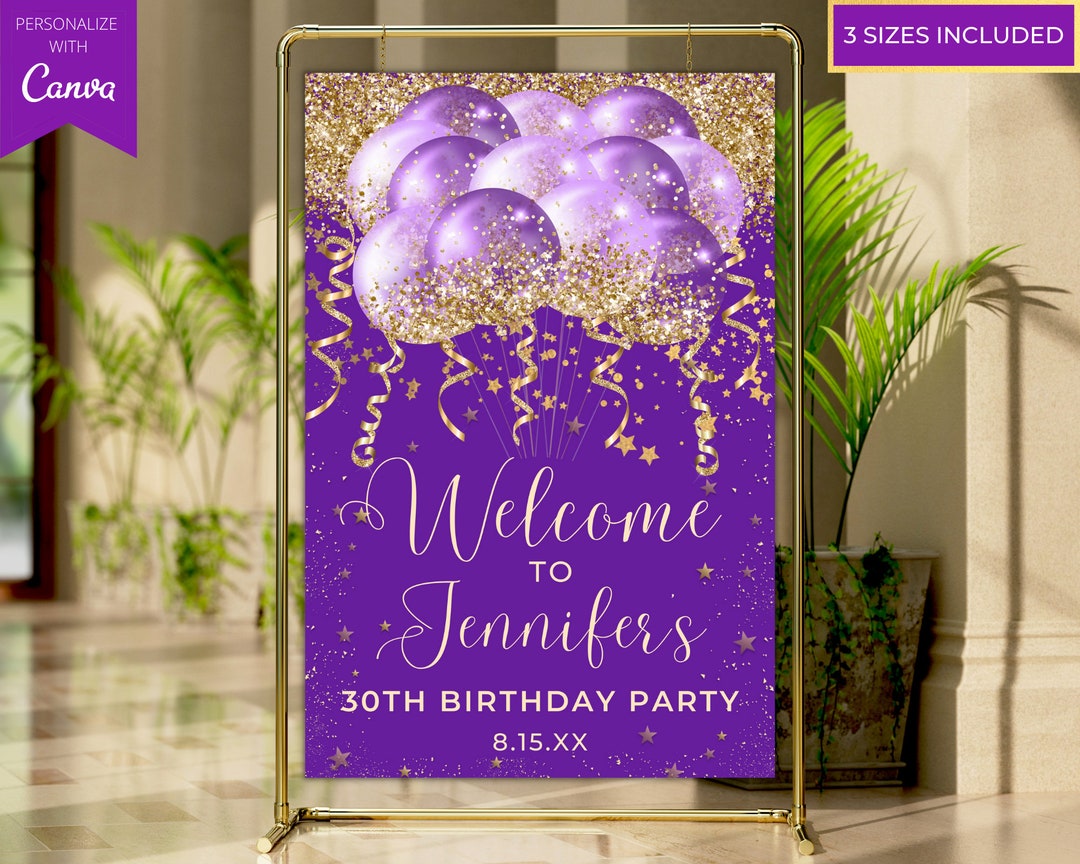 Printable Purple Gold Glitter Balloons Welcome Sign, Birthday Party ...