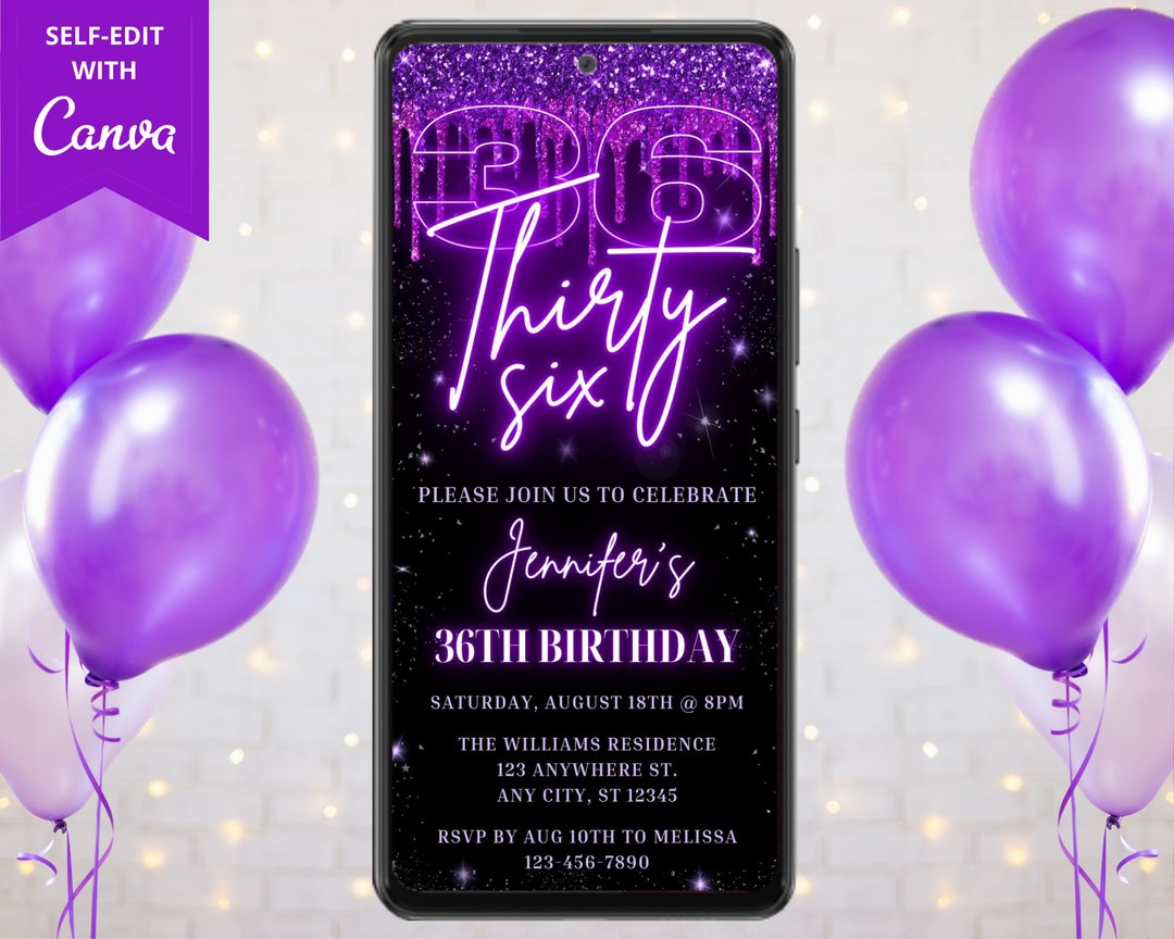 Digital 36th Birthday Party Invitation, Electronic Phone Text Message ...