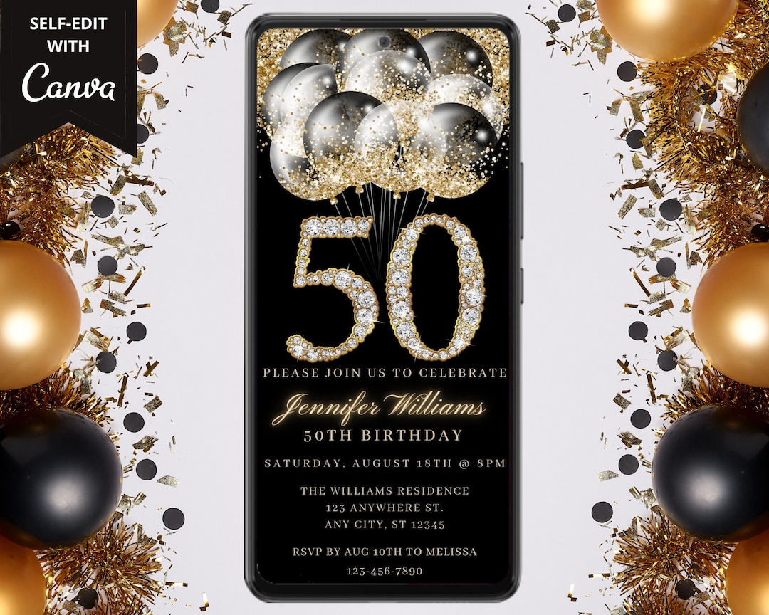 Digital 50th Birthday Party Invitation, Electronic Phone Text Evite ...