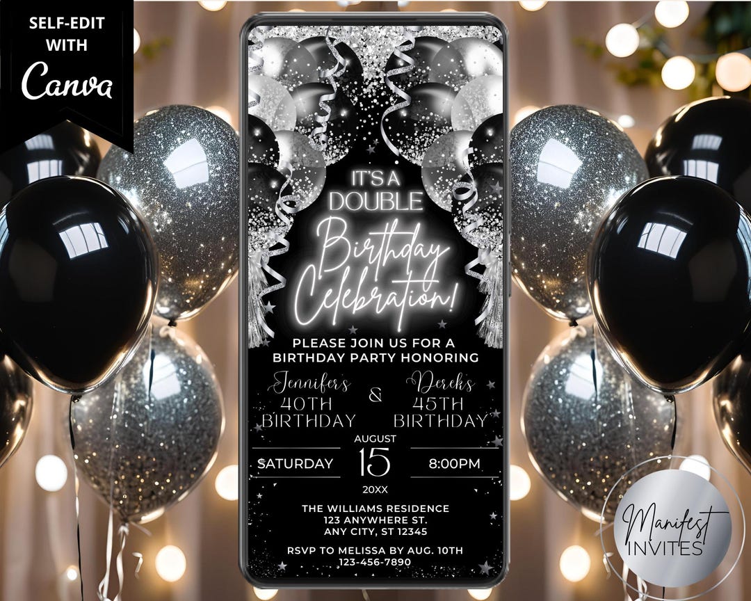 Digital Joint Double Birthday Party Glam Invitation, Neon Black Silver ...