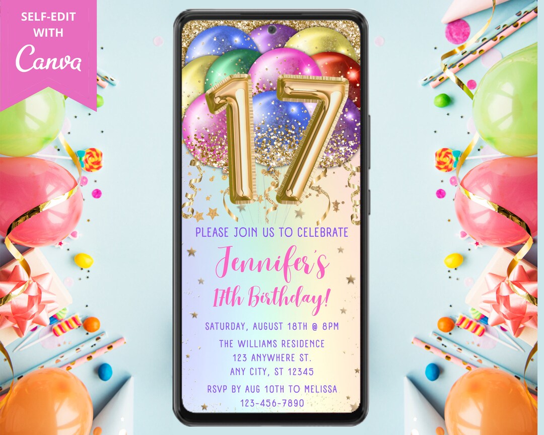 Digital 17th Birthday Party Rainbow Balloons Invitation, Electronic ...