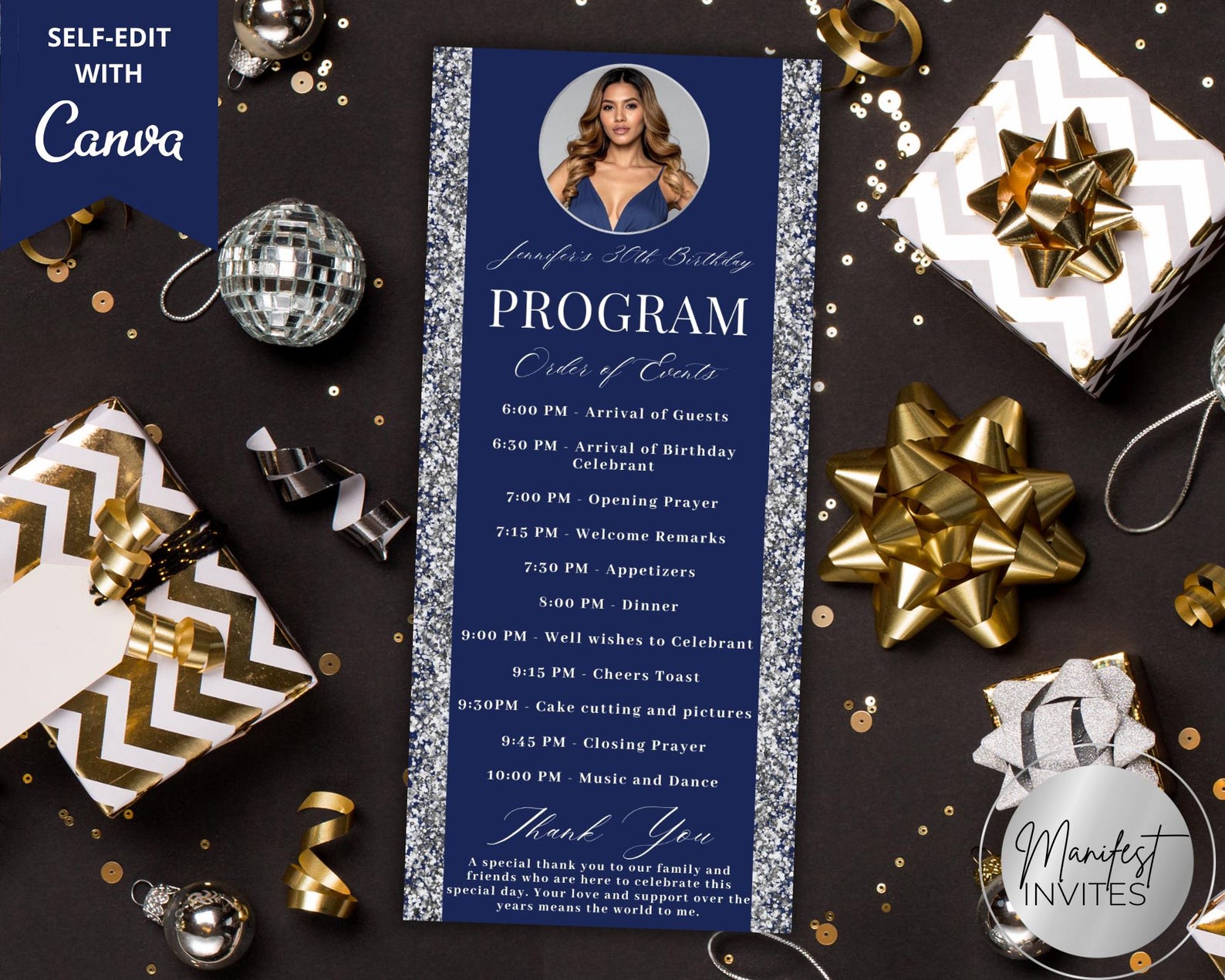 Editable Elegant Blue Silver Event Program Card Photo Template, Thank ...