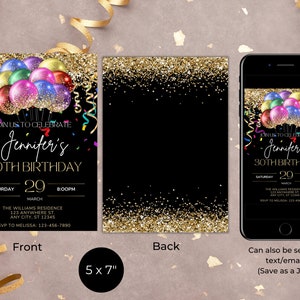 Editable Rainbow Gold Glitter Balloons Birthday Party Invitation ...