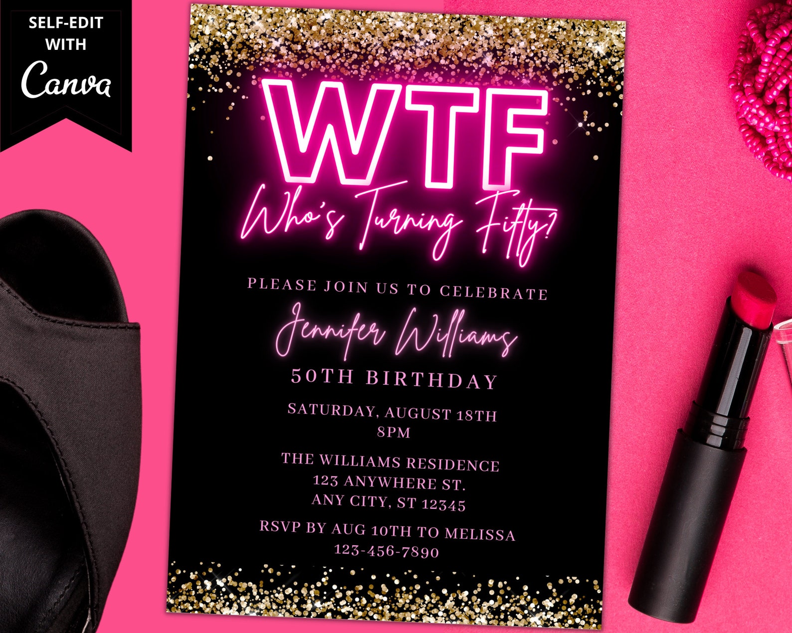 Editable WTF Who's Turning Fifty 50th Birthday Party Invitation ...