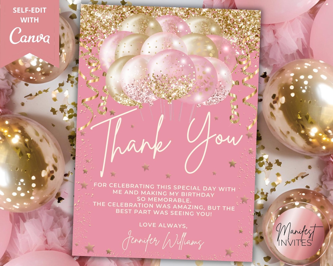 Editable Pink Gold Glitter Balloons Glam Thank You Card Template ...