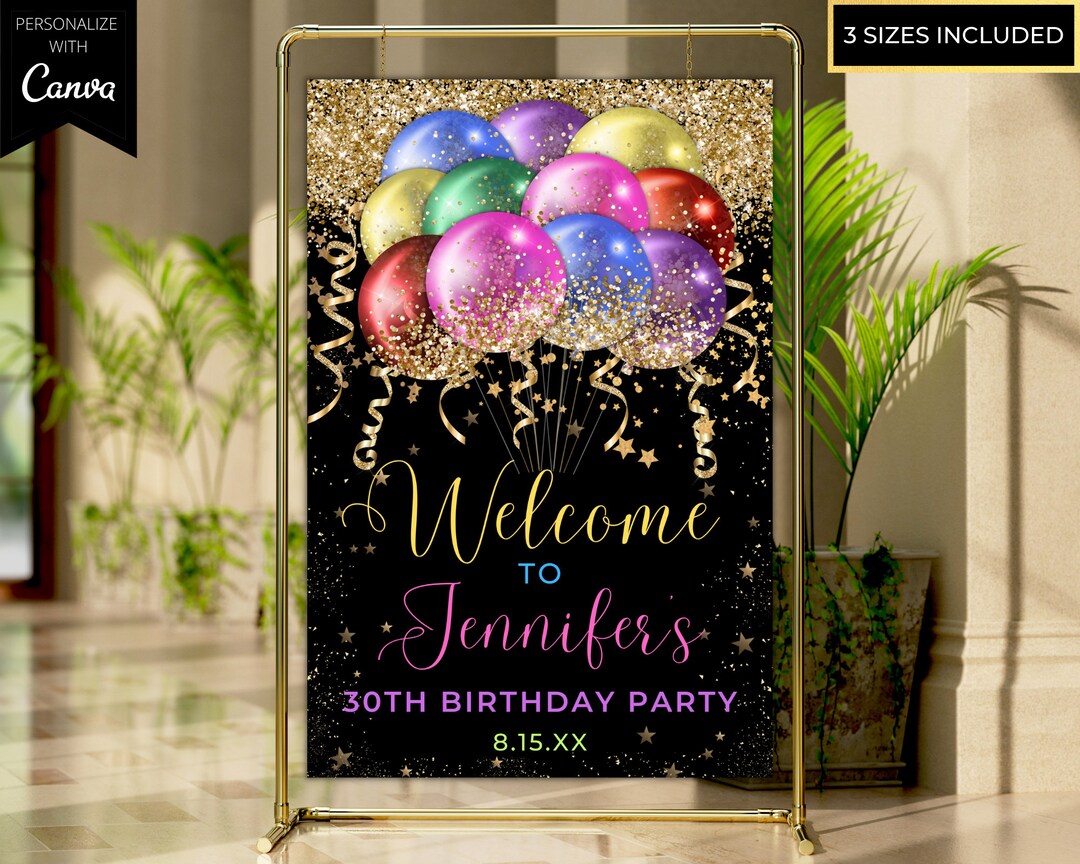 Printable Rainbow Gold Glitter Balloons Welcome Sign, Birthday Party ...