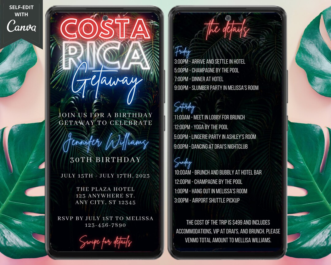 Electronic Tropical Costa Rica Getaway Birthday Trip Itinerary - Etsy