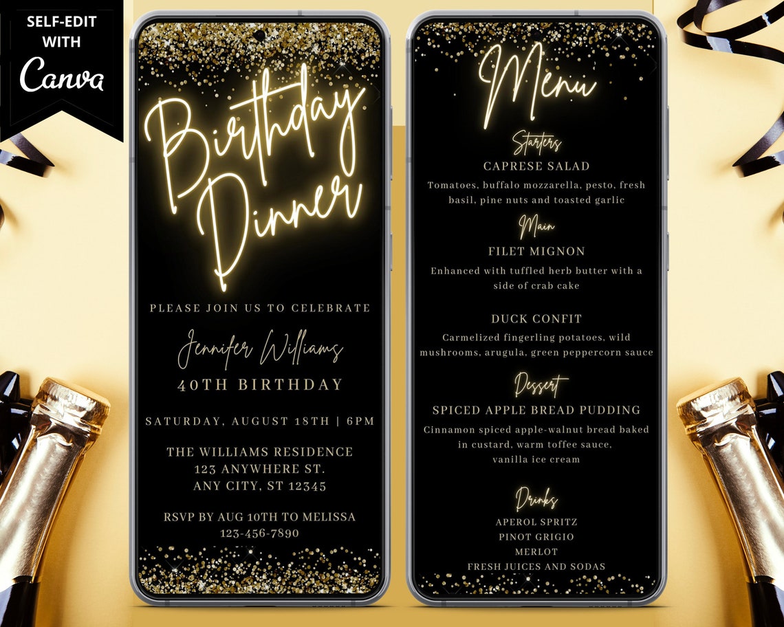 Electronic Birthday Dinner and Menu Invitation Digital - Etsy
