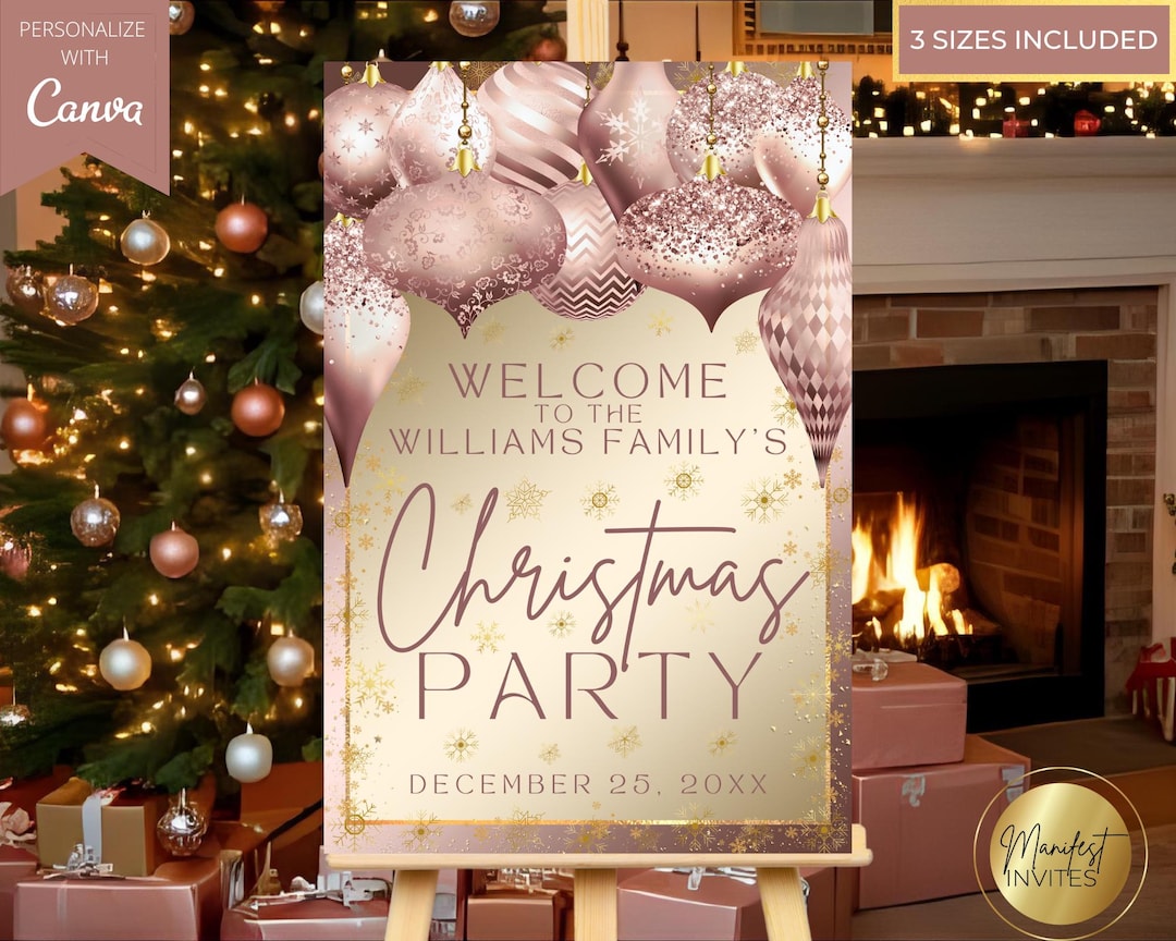 Editable Elegant Glam Christmas Party Welcome Sign, Xmas Holiday Party ...