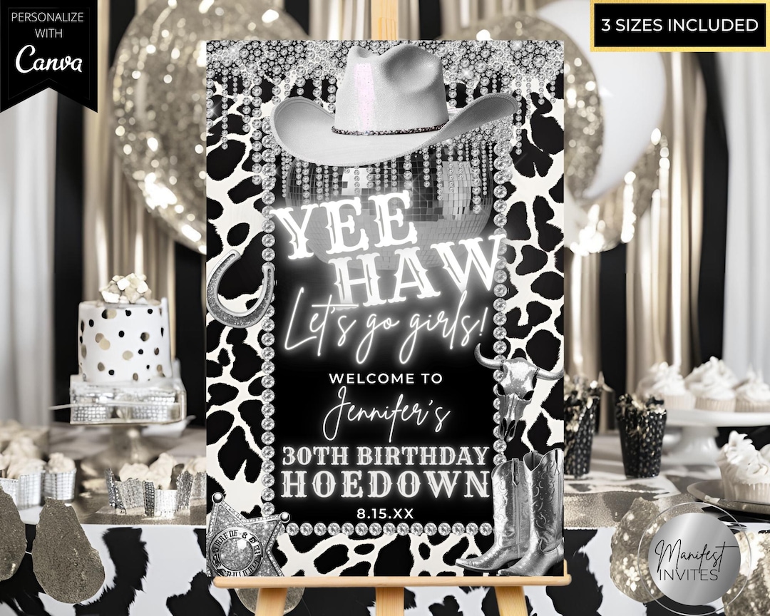 Editable Silver Disco Cowgirl Birthday Hoedown Welcome Sign, Western ...